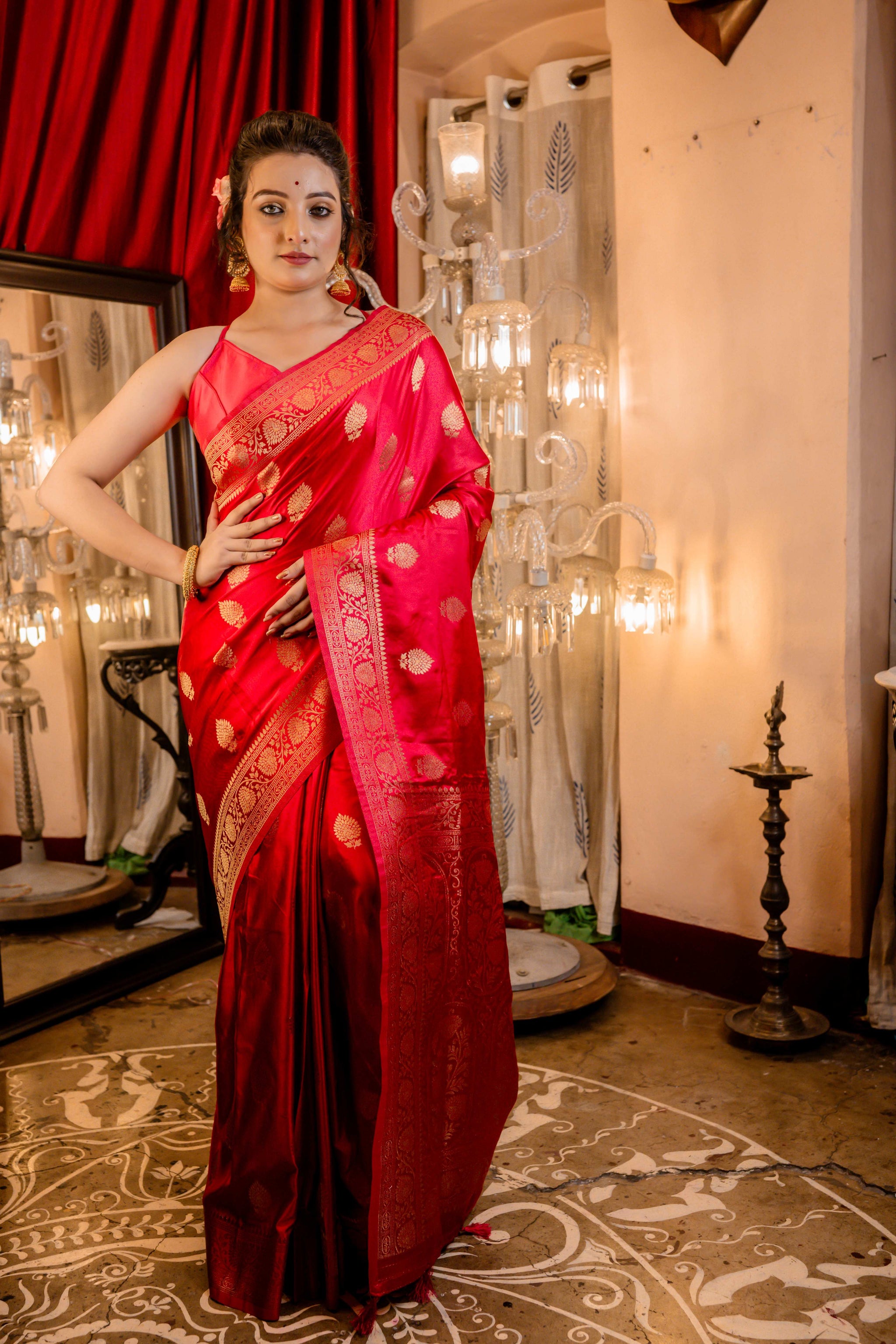 Manikya || Ruby Red Soft Mashru Silk Banarasi Saree with all over Anti